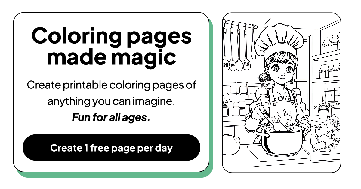 Coloring page of "A girl in a chef's hat and apron cooking in a kitchen ...