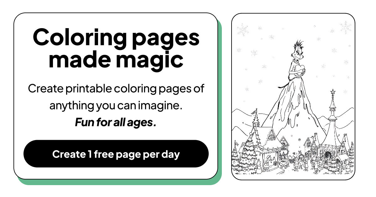 Coloring page of "The Grinch on Mt. Crumpit with his heart growing as he watches the Whos ...